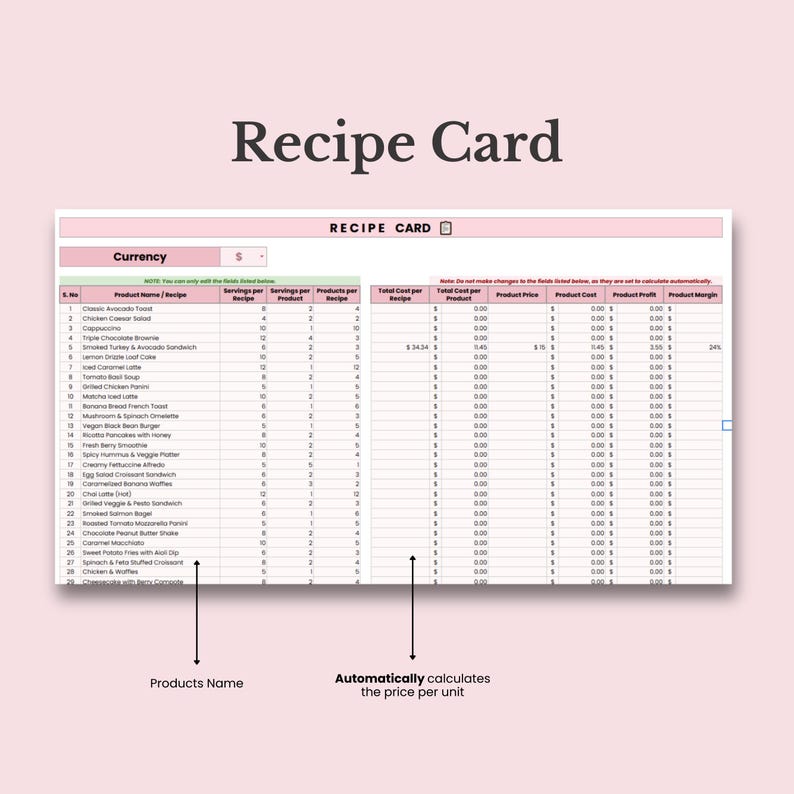 Recipe Cost Calculator Google Sheets, Recipe Calculator Template, Small ...