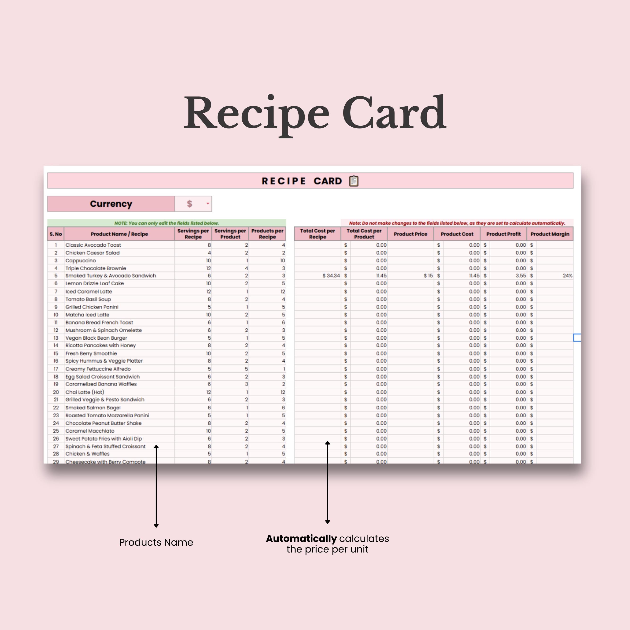 Recipe Cost Calculator Google Sheets, Recipe Calculator Template, Small ...
