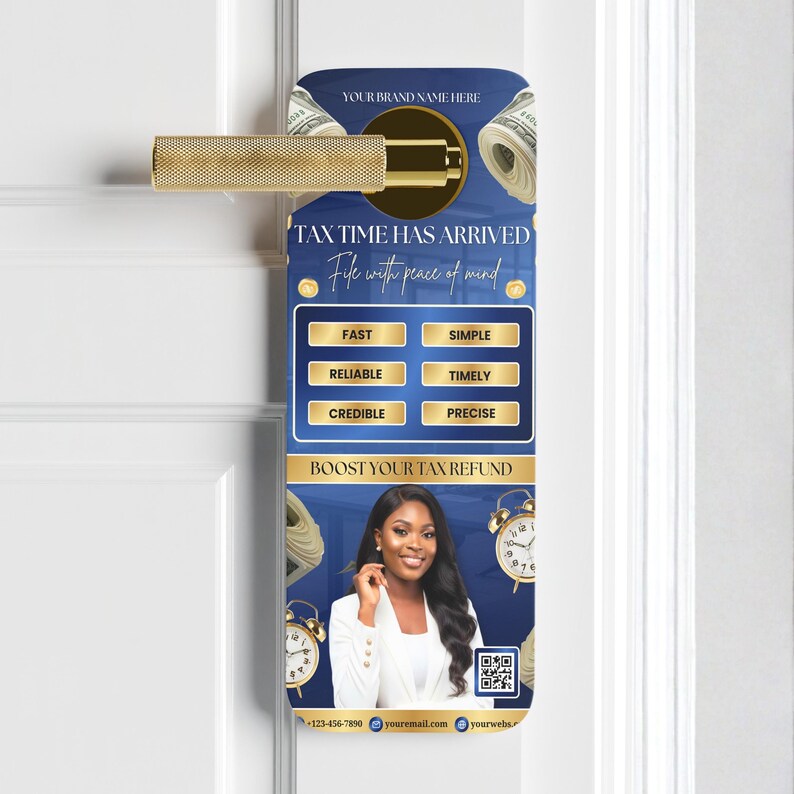 Tax Door Hanger Template, Tax Preparer Gold and Blue Banner, Tax Season ...
