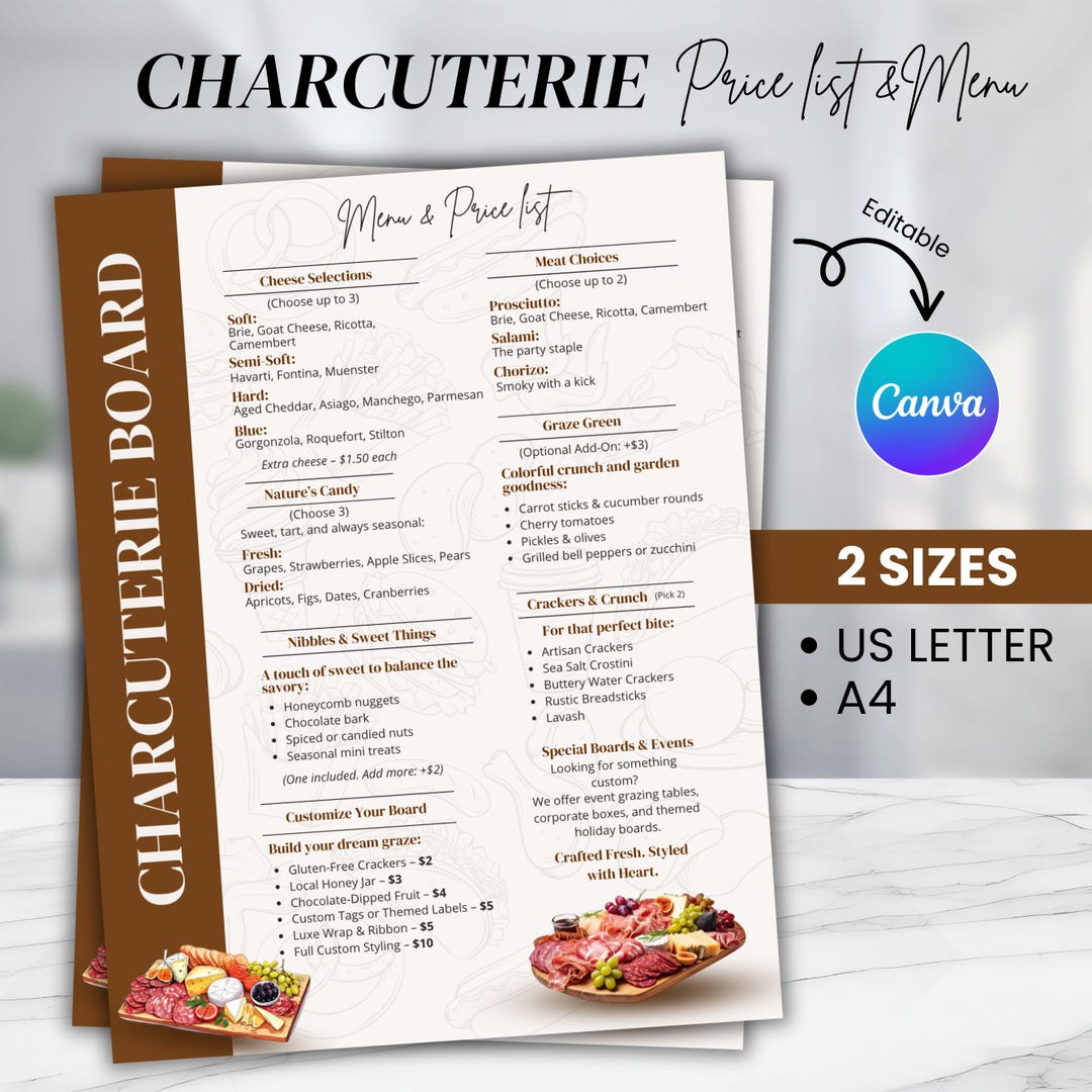 Editable Charcuterie Pricelist Menu, Charcuterie Business Pricelist ...