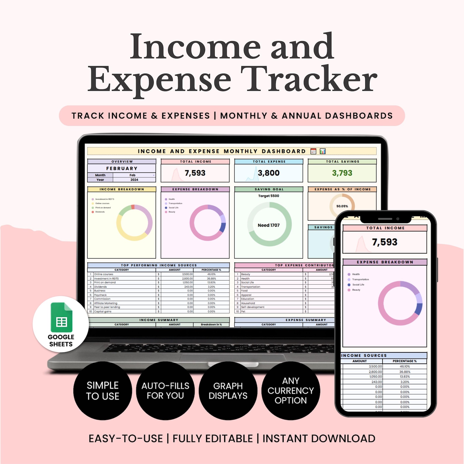 Income and Expense Tracker Spreadsheet, Personal Financial Google ...