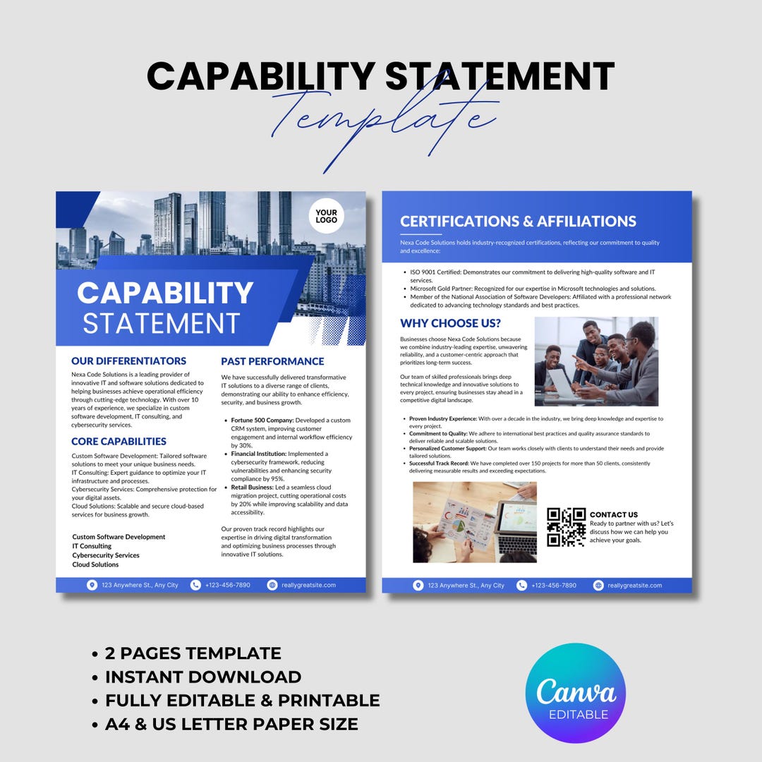 Capability Statement Template Canva, Corporate Flyer, Editable Business Capability Statement ...