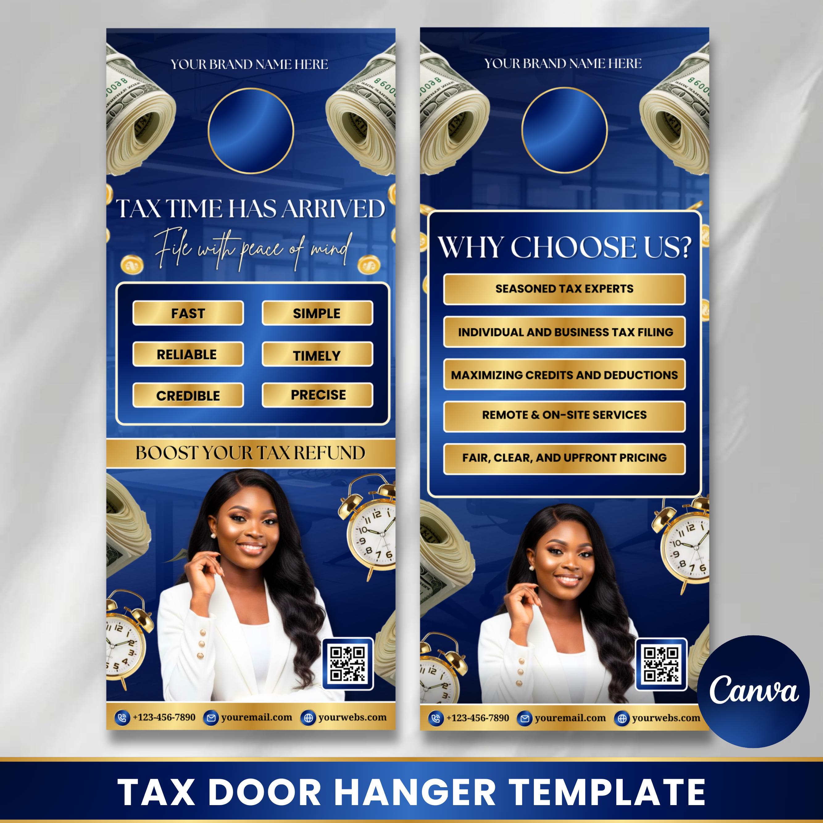 Tax Door Hanger Template, Tax Preparer Gold and Blue Banner, Tax Season ...