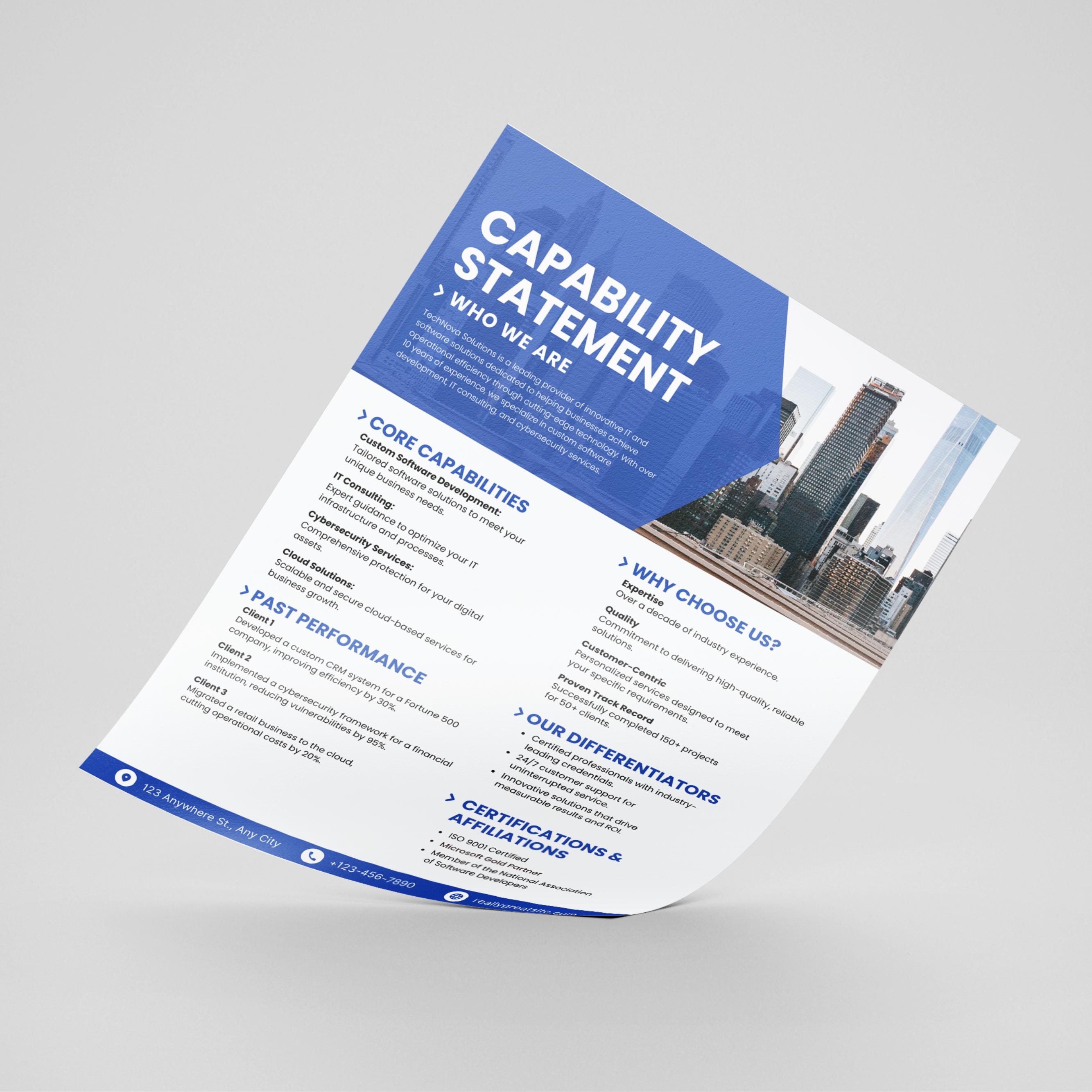 Capability Statement Template Canva, Corporate Flyer, Editable Business Capability Statement ...