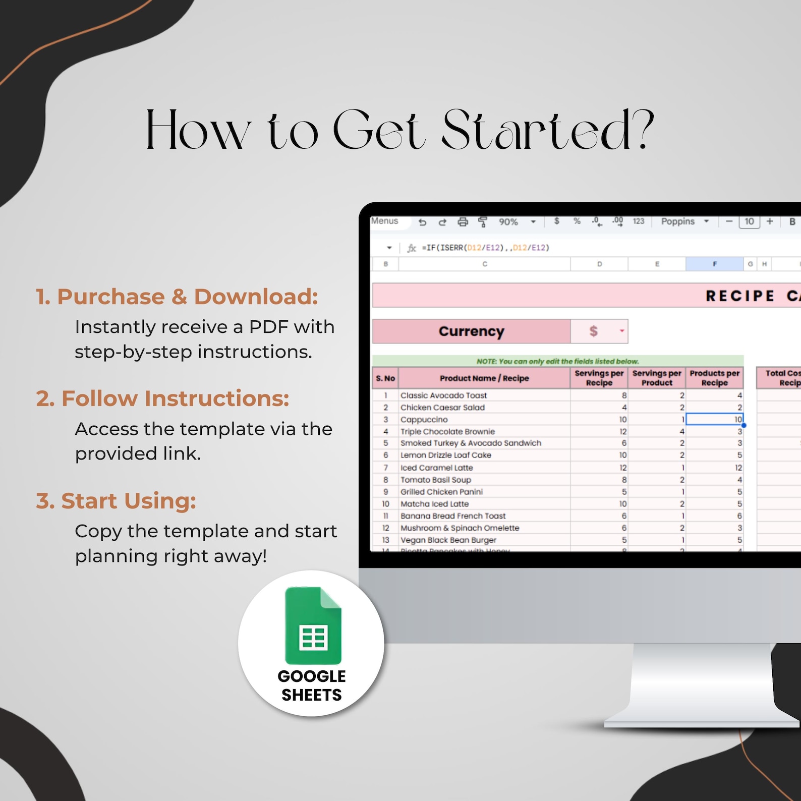 Recipe Cost Calculator Google Sheets, Recipe Calculator Template, Small ...