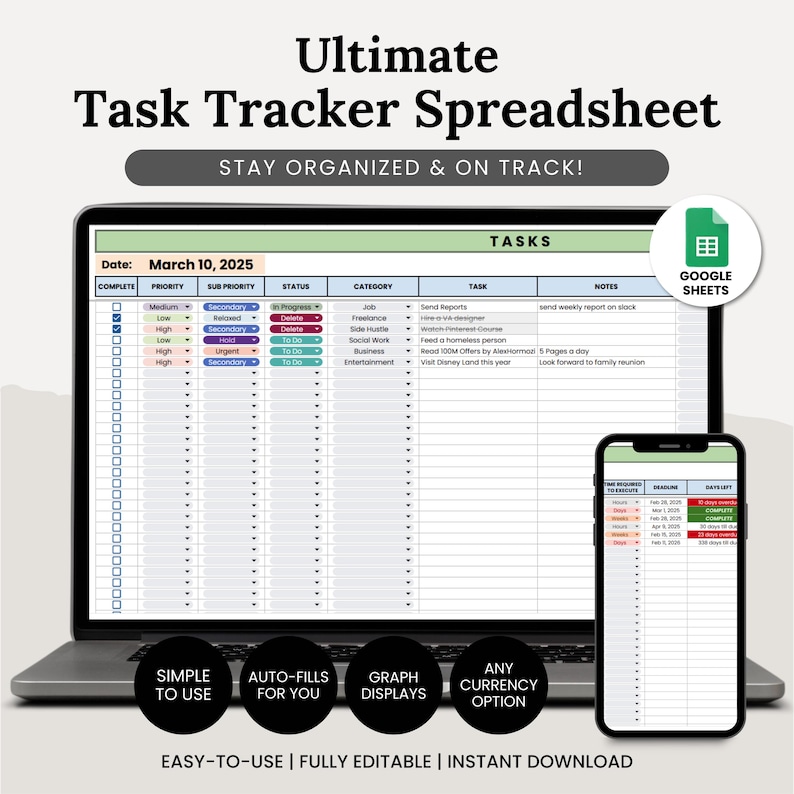 Task Tracker Spreadsheet Template, Task to Do List Activity Spreadsheet ...