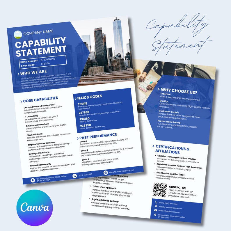 Capability Statement Template Canva, Corporate Flyer, Editable Business Capability Statement ...