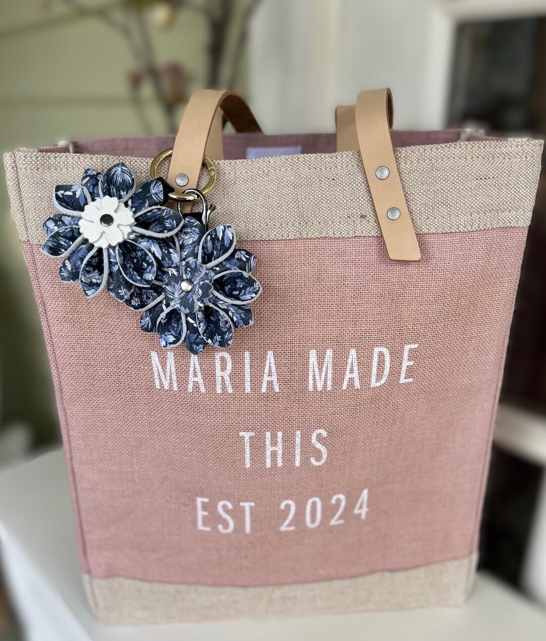 Dark Blue Print Leather Flower Keychain or Bag Charm - Etsy