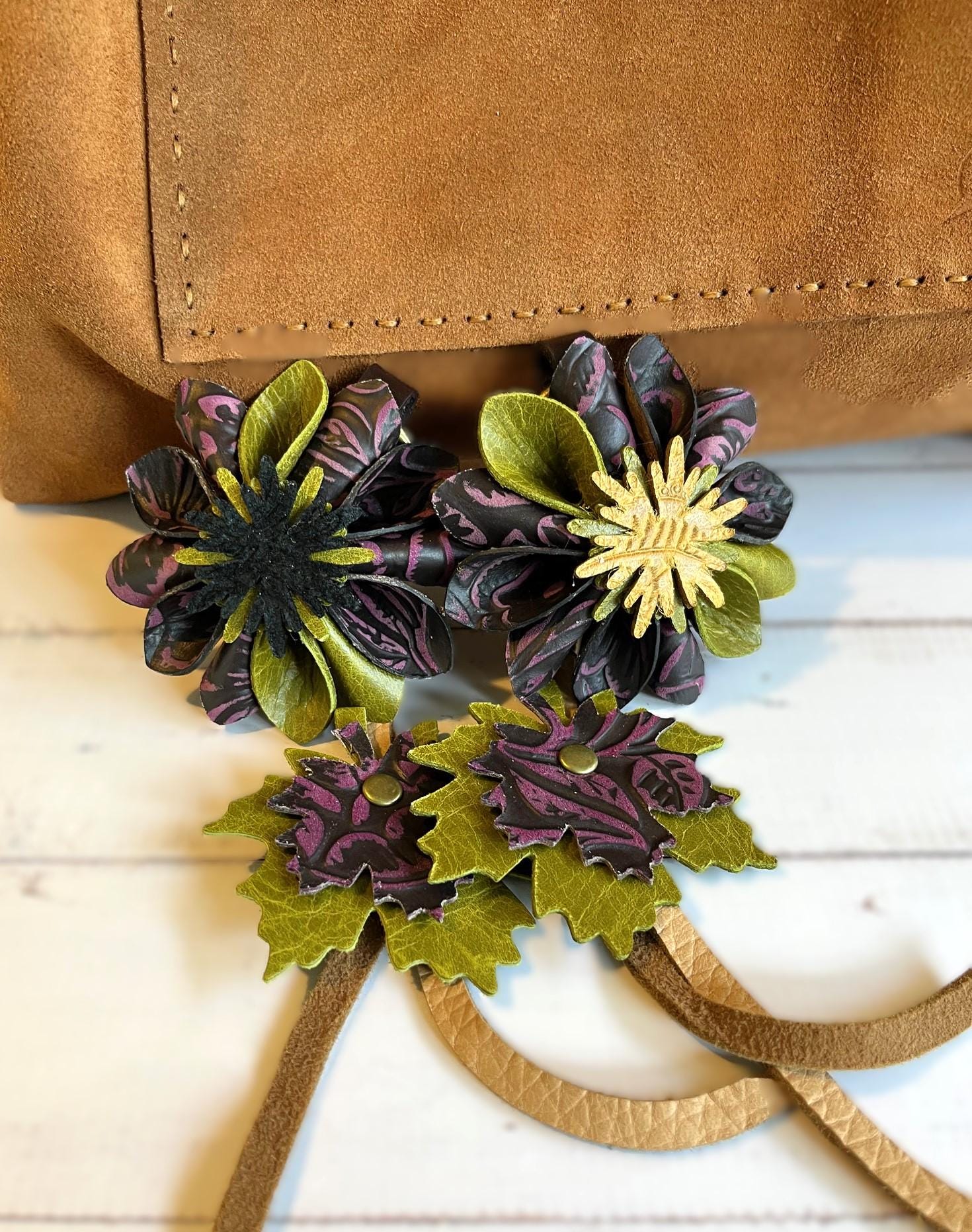 Ebony and Violet Embossed Leather Flower and Leaf Tassel - Etsy