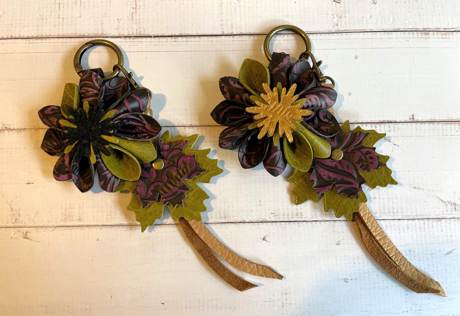 Ebony and Violet Embossed Leather Flower and Leaf Tassel - Etsy