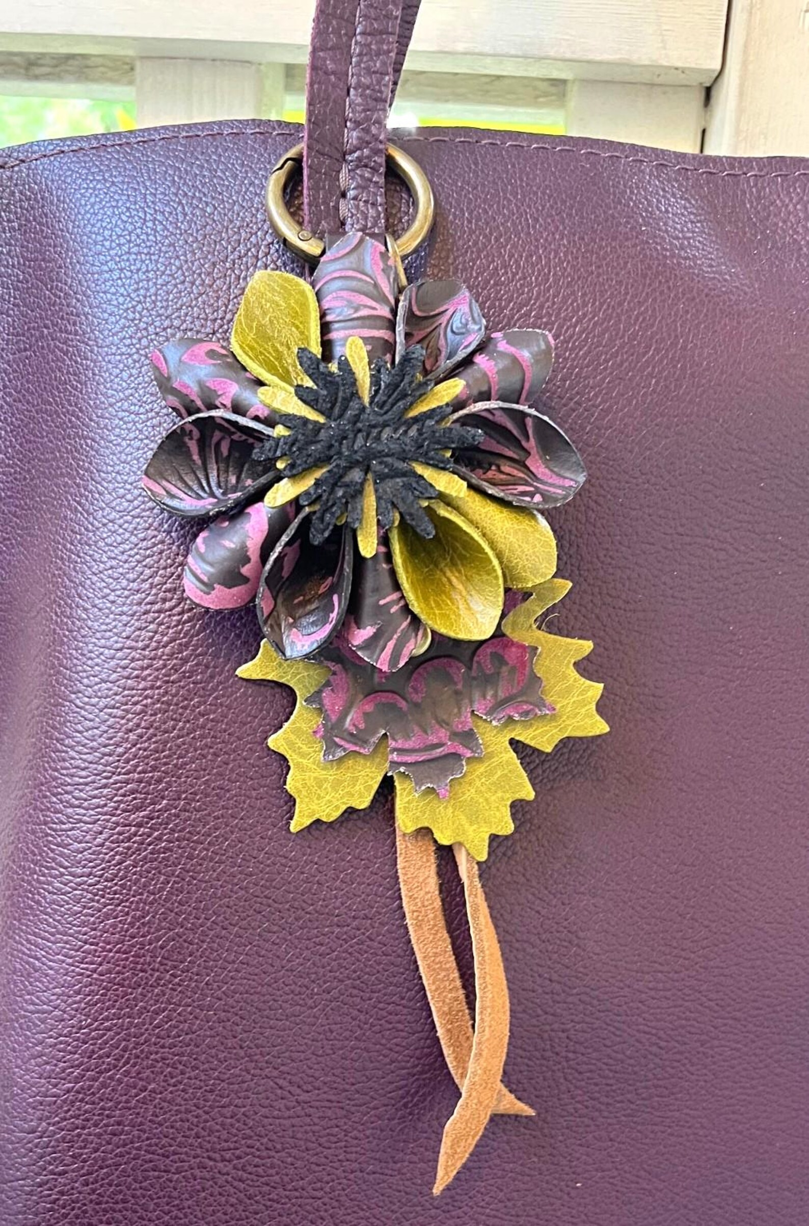 Ebony and Violet Embossed Leather Flower and Leaf Tassel - Etsy