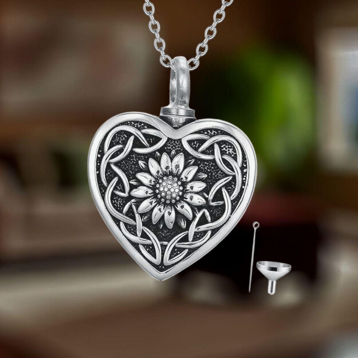 Sunflower Heart Urn Necklace Celtic Knot Silver Necklace for Ashes 925 ...