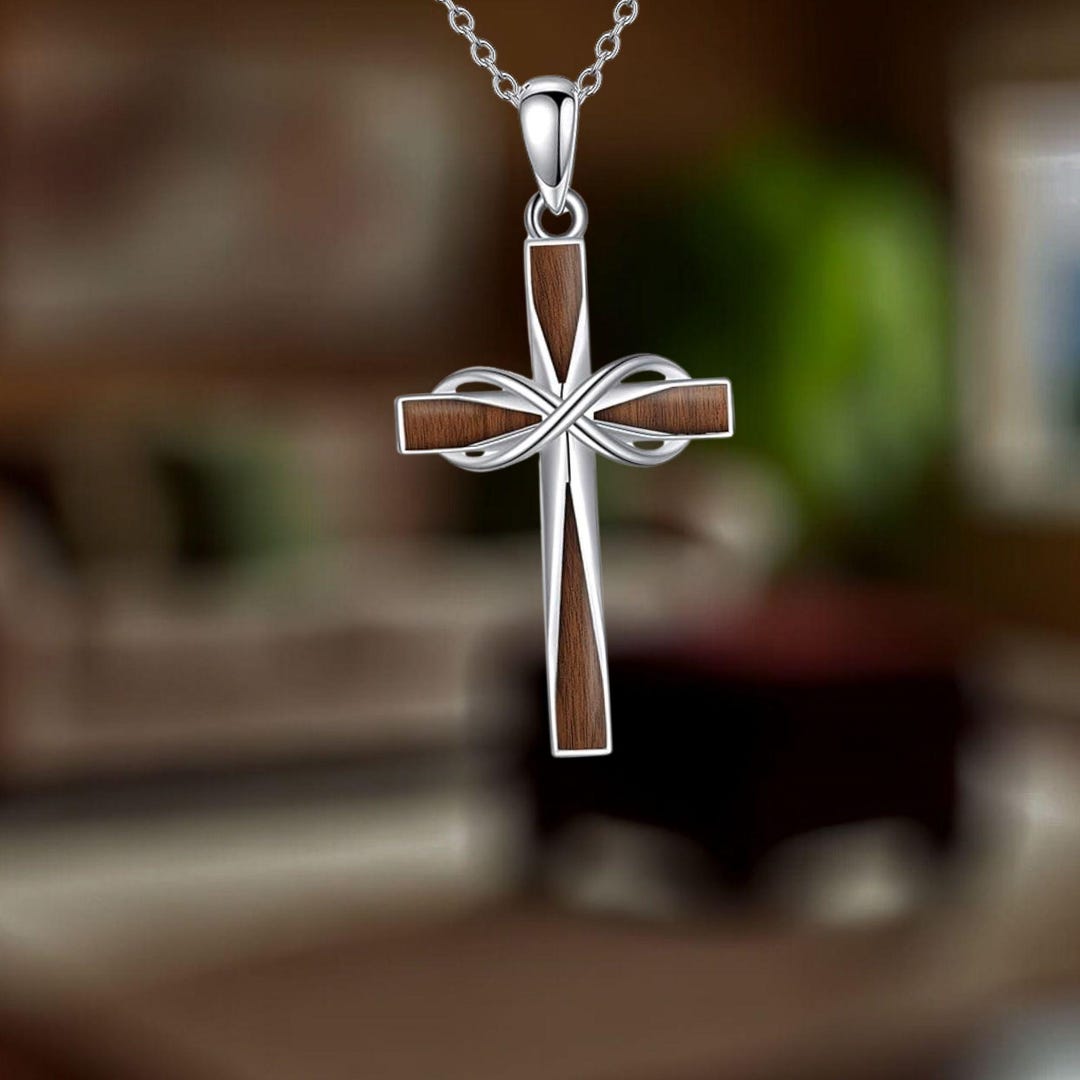 Christian Cross Infinity Necklace 925 Sterling Silver Wooden Cross ...