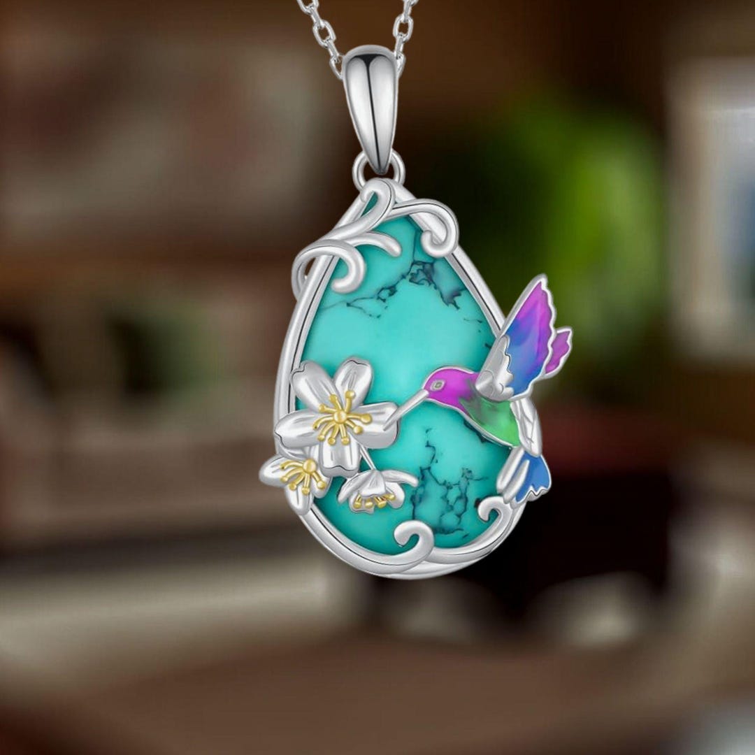 Turquoise Hummingbird Necklace for Women Sterling Silver Teardrop ...