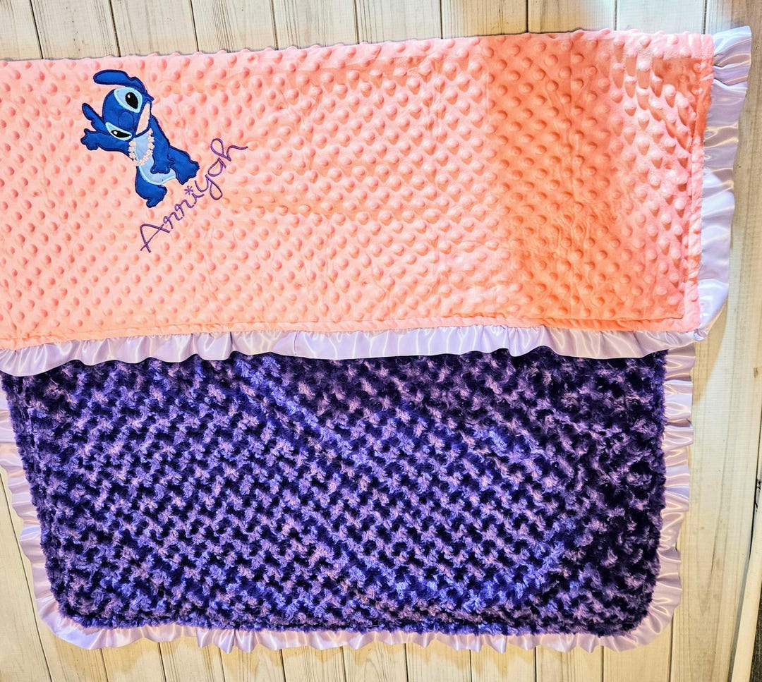 Girls Lilo Stitch Blue Alien Hawaiian Lei Pink Dot Minky With Purple ...