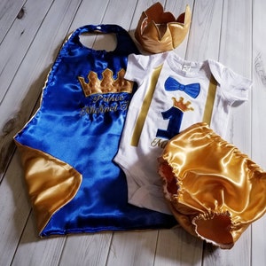 Royal Blue Gold 1st 2nd Birthday Prince King Royalty Crown Satin Cape ...