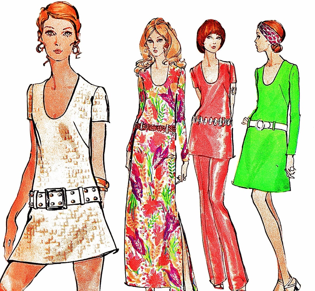Vintage 1970's Mini-maxi Dress Tunic & Pants Hippie Boho Mod (sz12 B34 ...