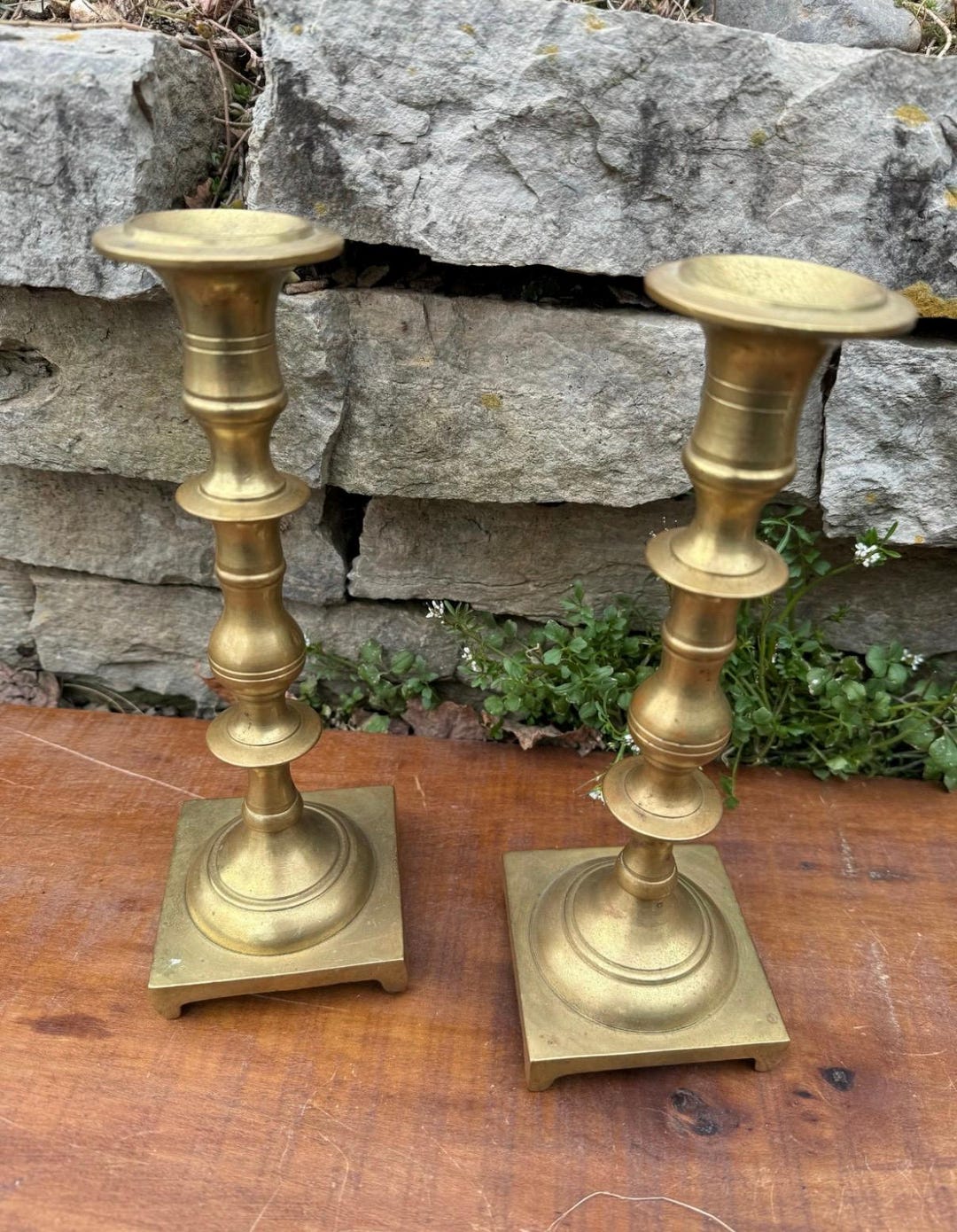 Antique Set of Two Tall Heavy Brass Candlesticks - Etsy
