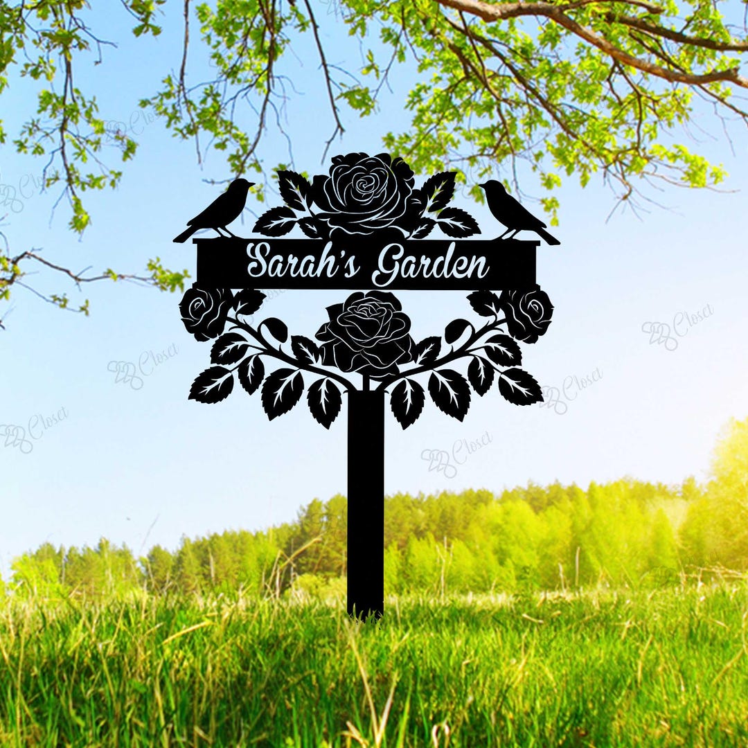 Custom Garden Sign With Birds and Roses,rose Garden Sign,rose and Bird ...