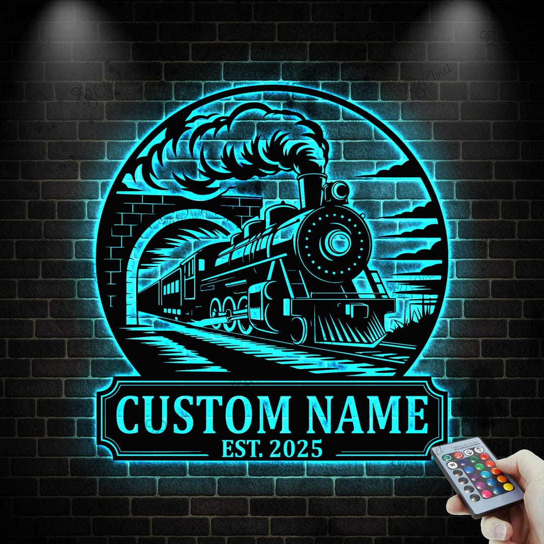 Custom Railroad Metal Sign With Led Light, Train Metal Sign, Train Wall ...
