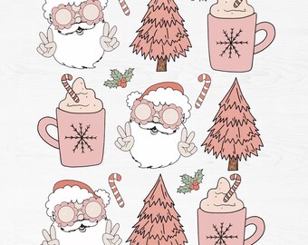 Retro Doodle Pink Christmas Png, Retro Christmas Png, Christmas Tree ...