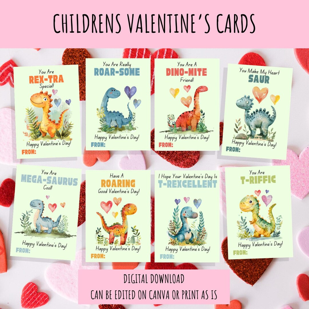 Dinosaur Kids Valentine Dinosaur Hearts Grass Plant Valentine Card - Etsy