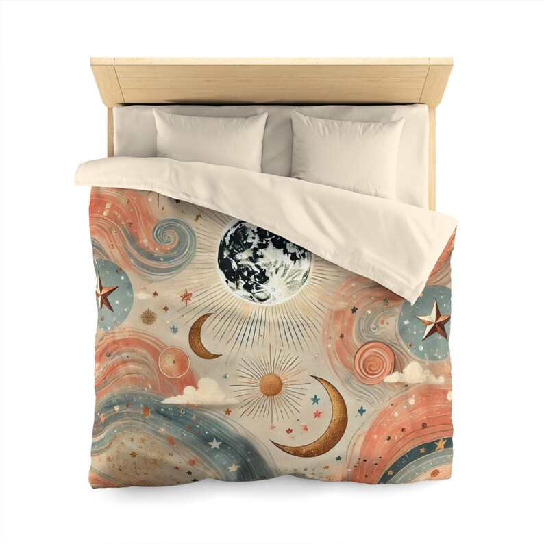 Golden Dawn Boho Duvet Cover Moon Phases Stars Cosmic Swirls Peach ...