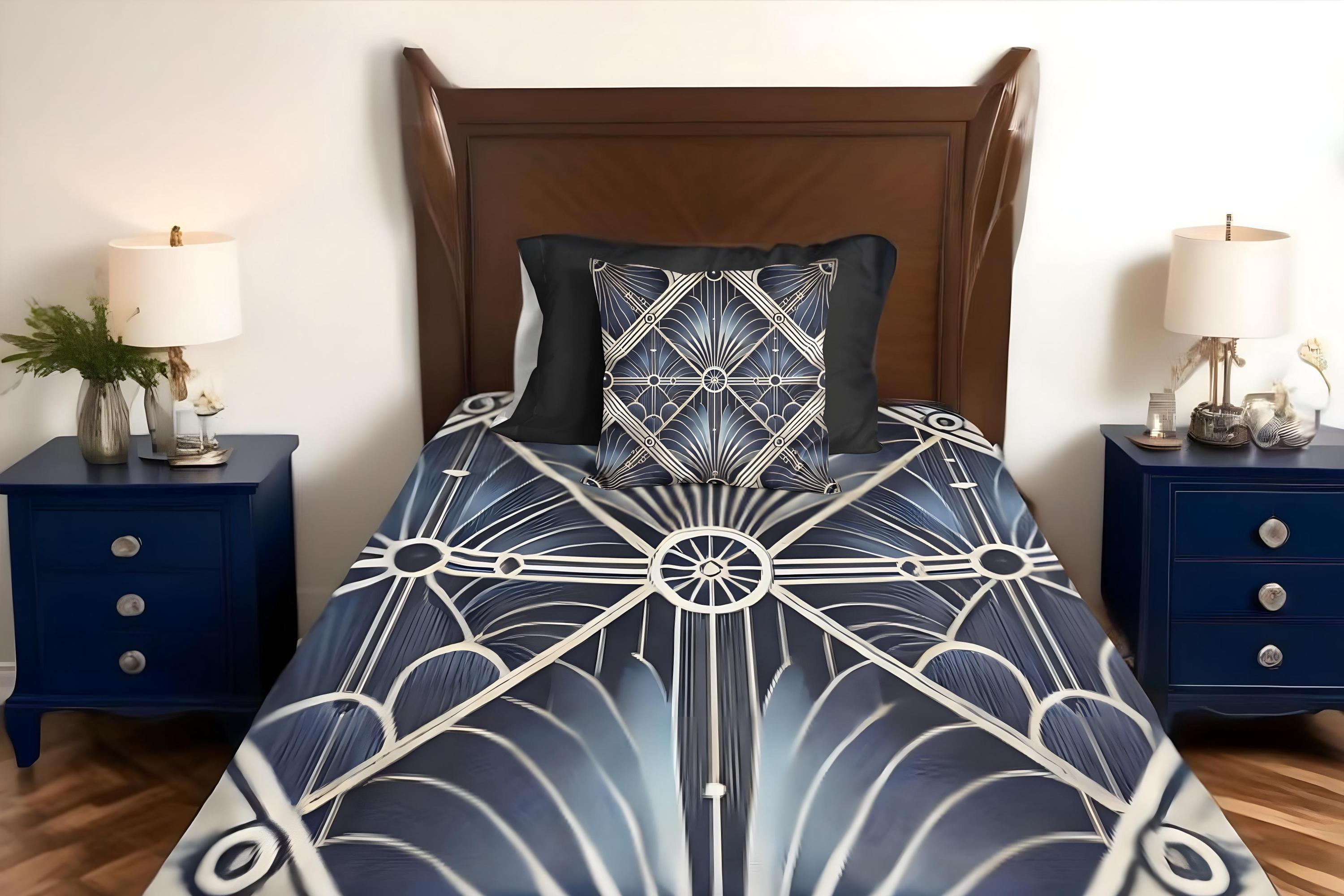Sapphire Night Art Deco Duvet Cover | Geometric Fan Motifs in Deep Blue ...
