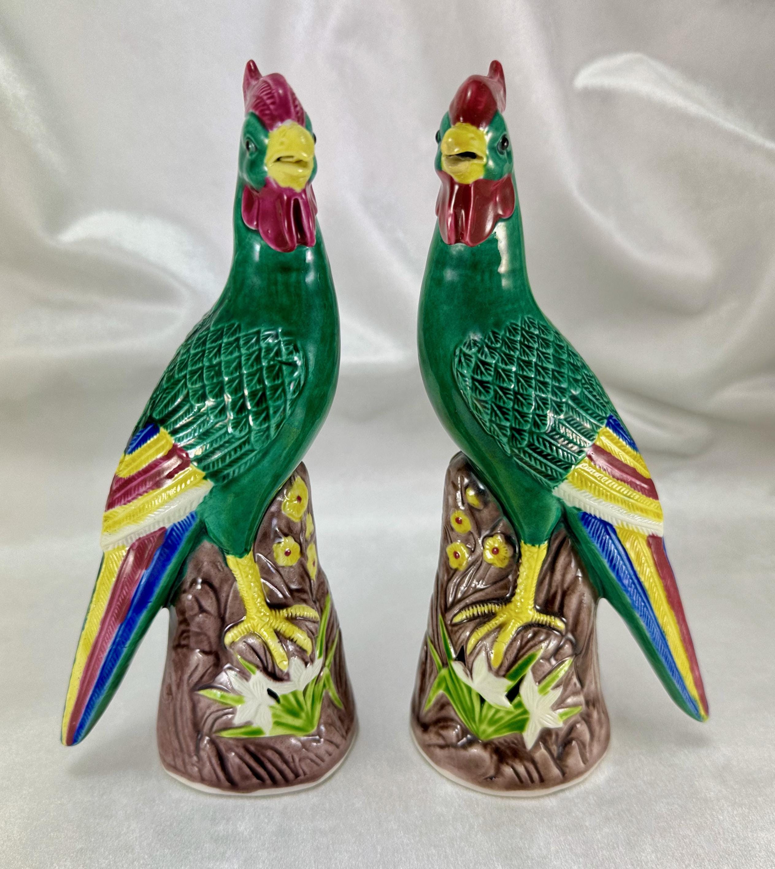 Vintage Chinese Famille Verte Porcelain Pair Onagadori Cockerel Parrot ...