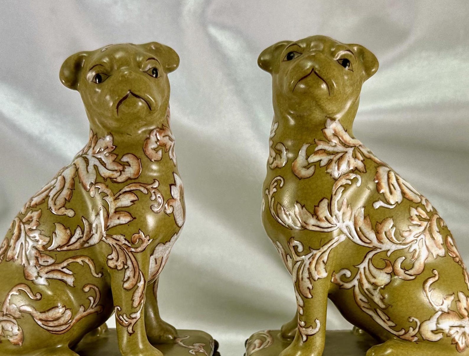 Vintage Chinese Porcelain Wong Lee Pair Celadon Pug Dogs on Bases With Bronze Tassels Figurines ...