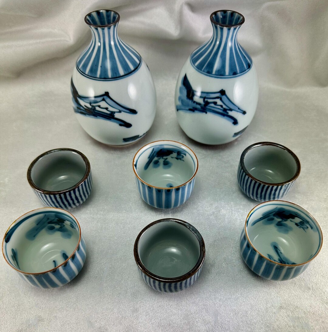 Vintage Japan Porcelain Eight Piece Blue and White Sake Set Two Sake ...