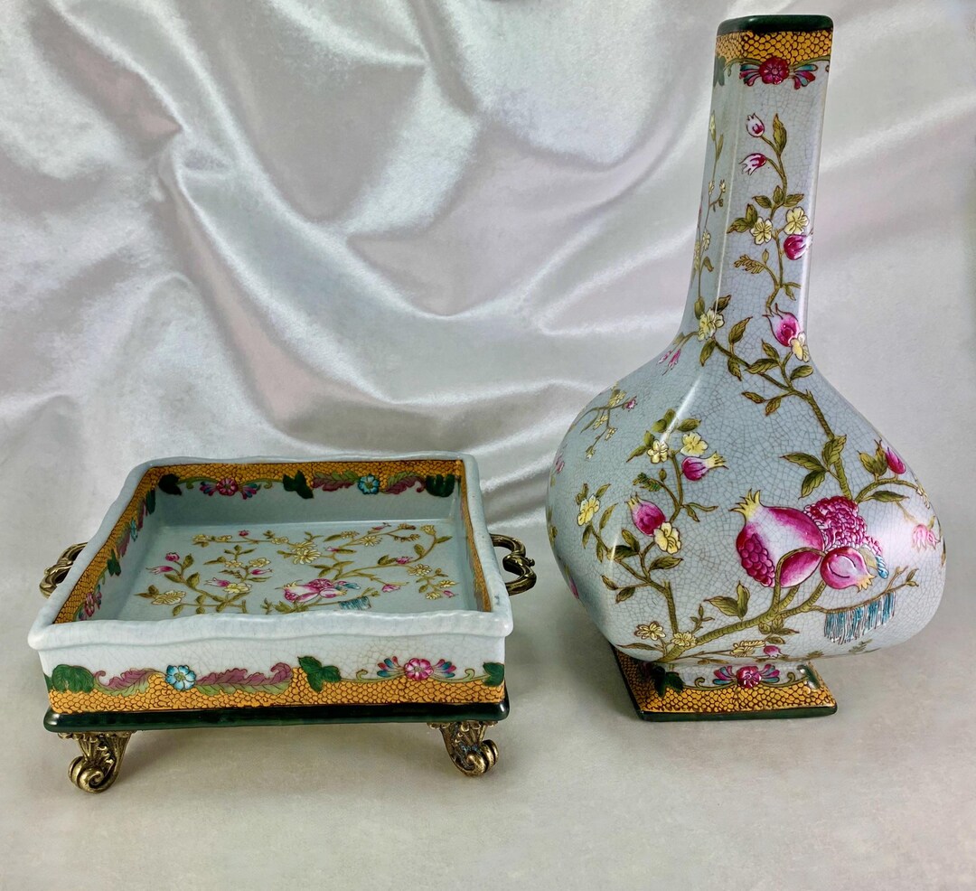 Vintage Chinese Wong Lee Porcelain Bronze Footed Handle Dish and Vase ...
