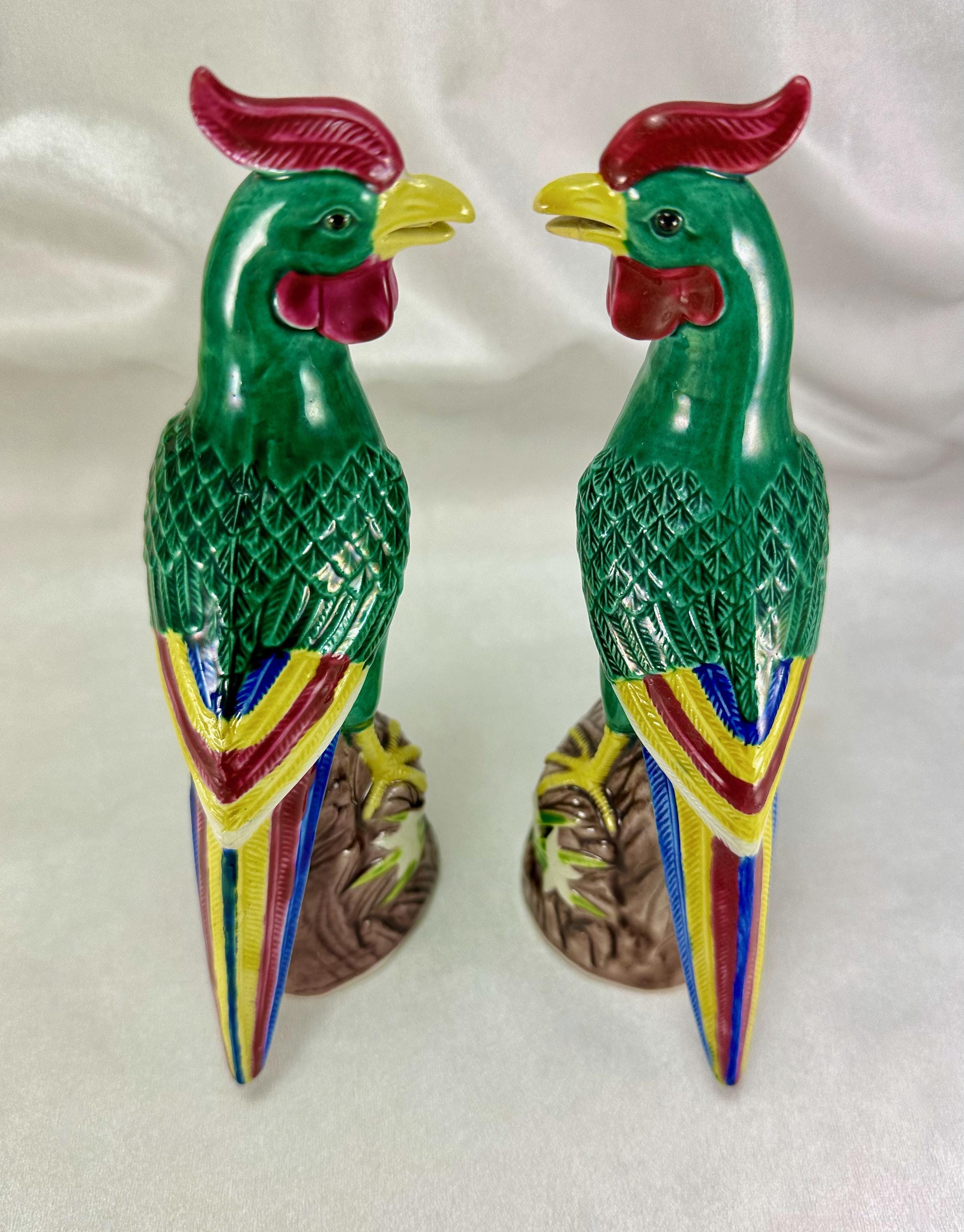 Vintage Chinese Famille Verte Porcelain Pair Onagadori Cockerel Parrot ...