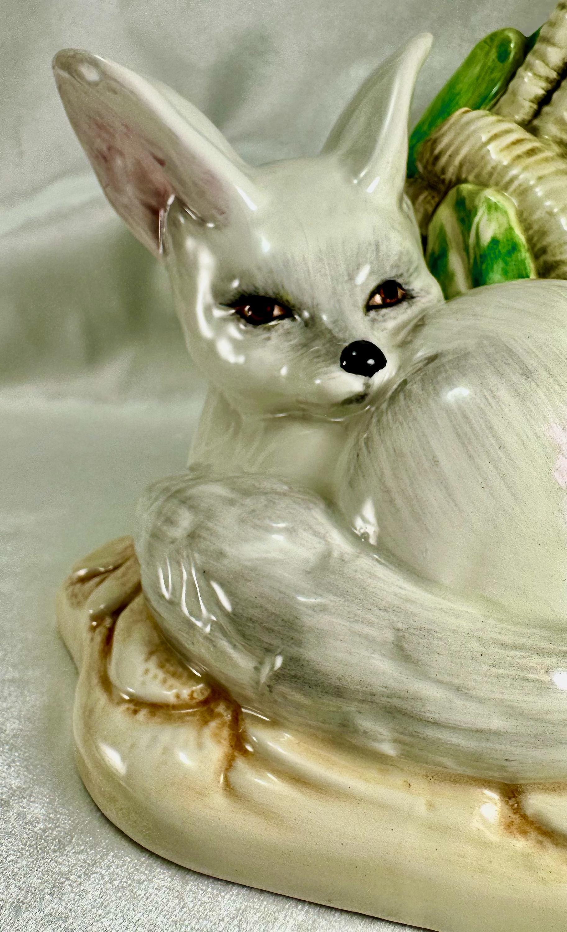 Vintage Italy Majolica White Ceramic Fennec Fox Laying on Rock Base ...