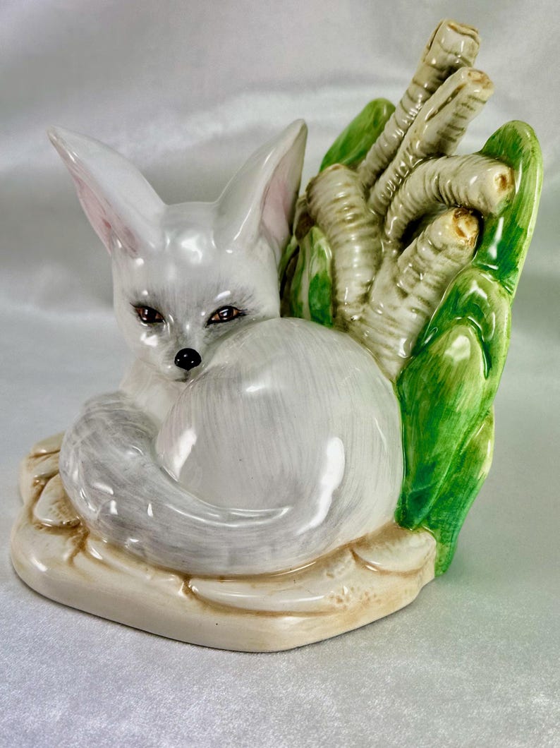 Vintage Italy Majolica White Ceramic Fennec Fox Laying on Rock Base ...
