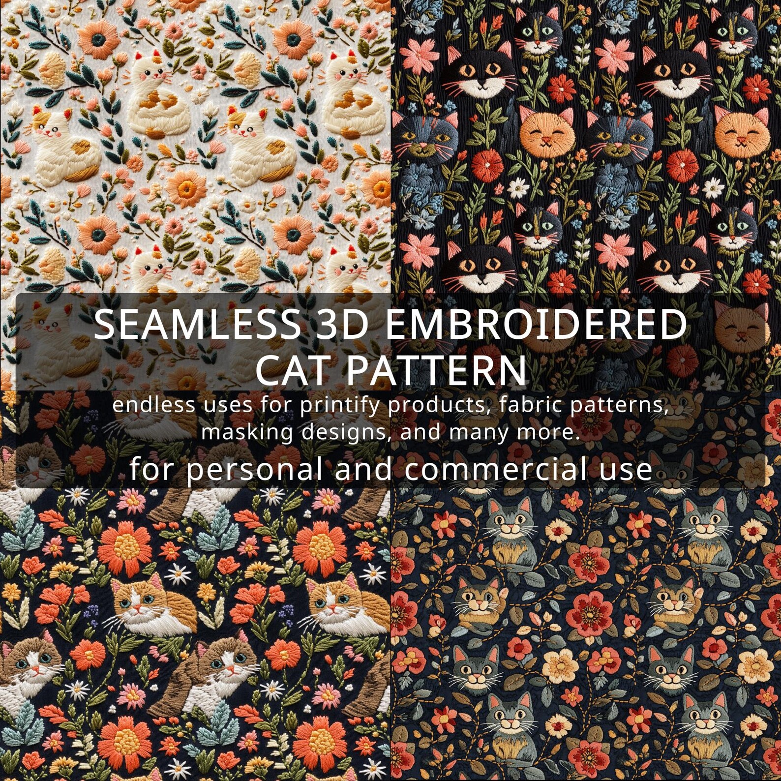 4 3D Seamless Embroidered Cat Patterns JPG | 12"x12" | 300 DPI ...