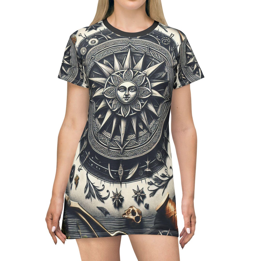 Sun Wheel T-shirt Dress, Boho Festival Clothing, Celestial Graphic Tee ...