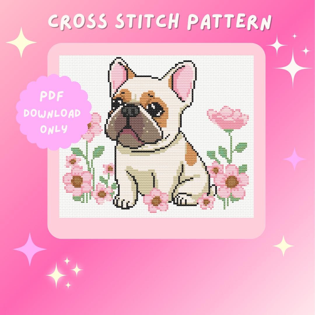 French Bulldog Cross Stitch | Floral Cross Stitch | Cute Frenchie ...
