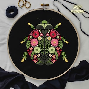 Ladybug Hand Embroidery Pattern PDF • Floral Beetle Modern Stitch ...
