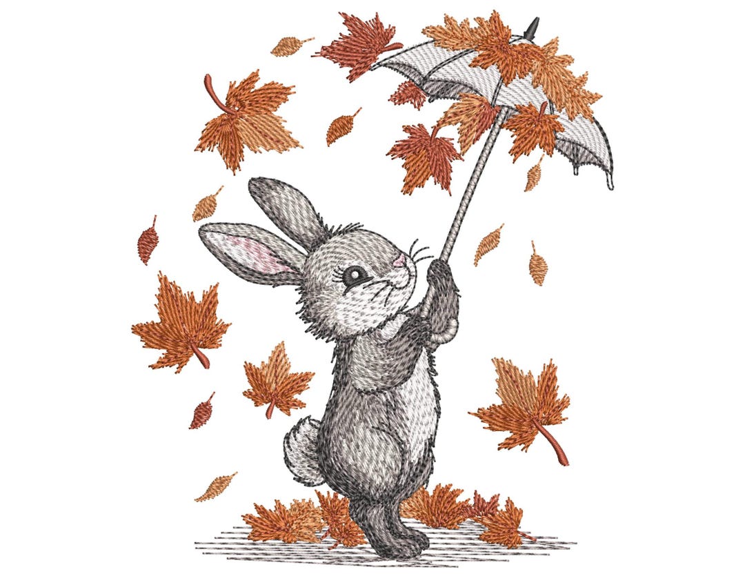 Cute Bunny With Umbrella – Autumn Machine Embroidery Design, Autumn ...