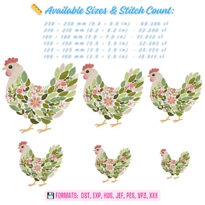 Floral Chicken Embroidery Design: Rustic Farmhouse Hen, Chiken ...