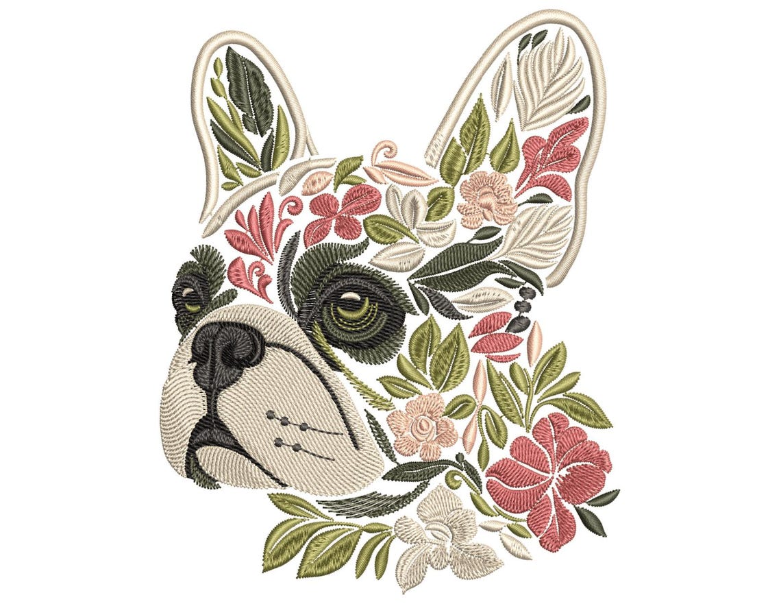Floral French Bulldog Embroidery Design – Cute Pet Machine Embroidery ...