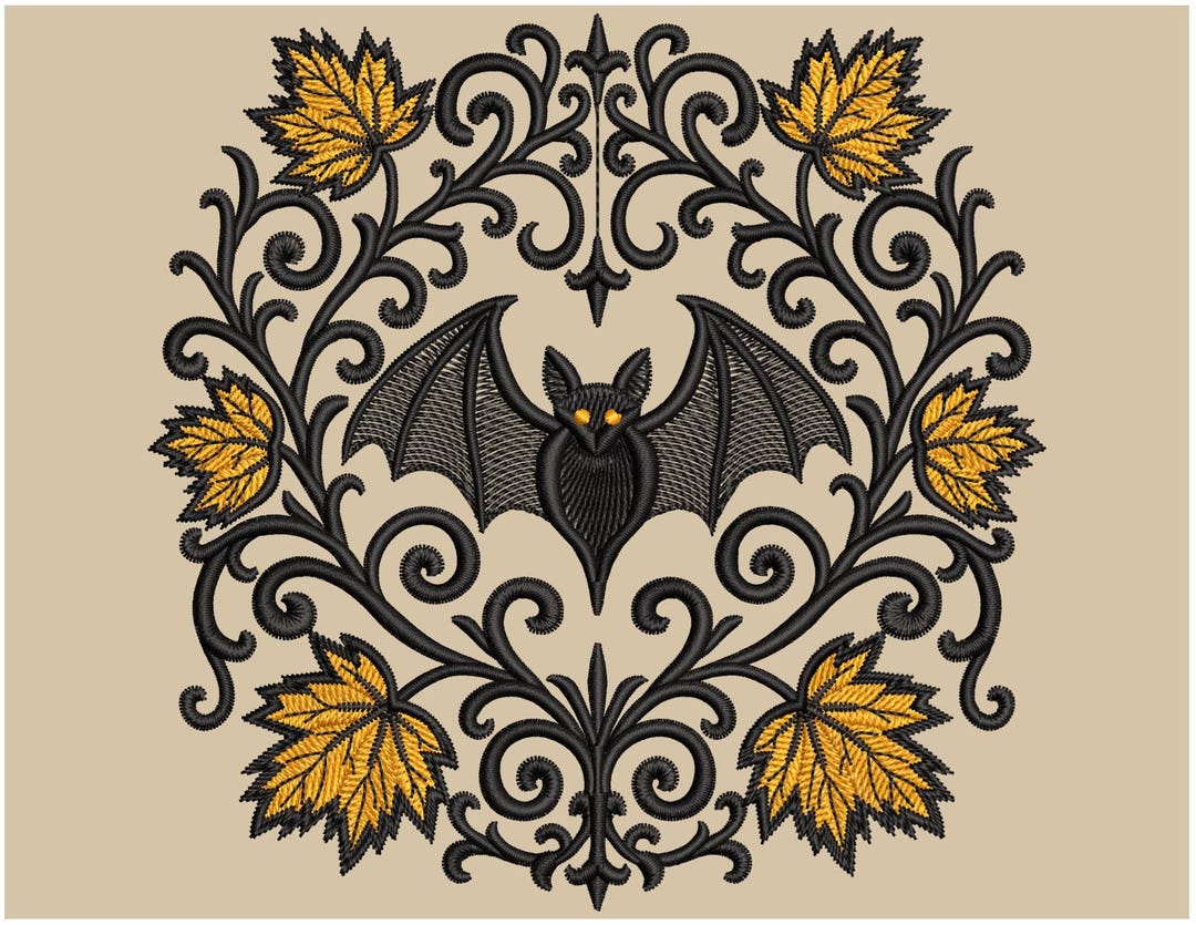 Spooky Gothic Bat Embroidery Design, Halloween Bat With Fall Leaves ...