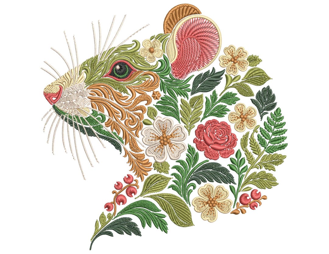 Floral Rat Machine Embroidery Design, Nature Inspired Elegant Animal ...