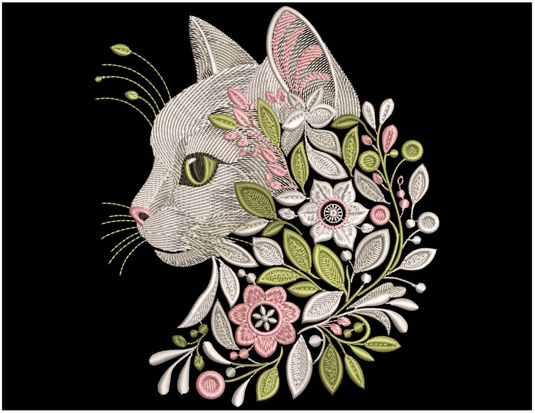 Cute Cat Head Embroidery Design – Floral Cat Profile Machine Embroidery ...