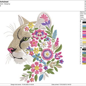 Floral Cougar Embroidery Design: Wild Puma Pattern, Cougar Machine ...
