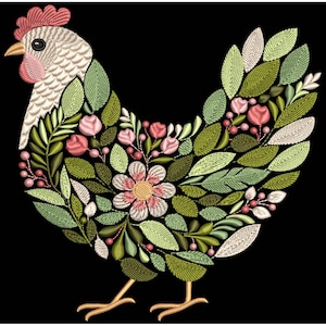 Floral Chicken Embroidery Design: Rustic Farmhouse Hen, Chiken ...