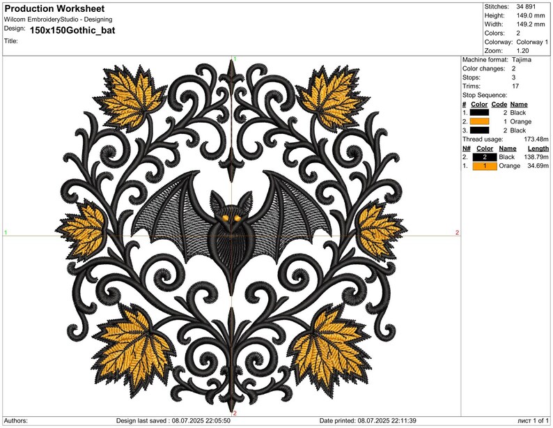 Spooky Gothic Bat Embroidery Design, Halloween Bat With Fall Leaves ...