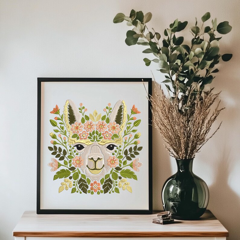 Floral Alpaca Machine Embroidery Design, Boho Animal Embroidery Pattern ...