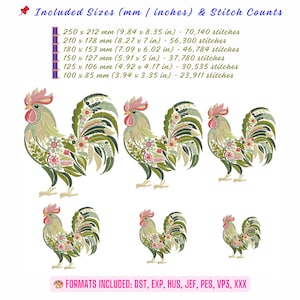 Floral Rooster Embroidery Design: Rustic Farmhouse Decor PES, DST, EXP ...